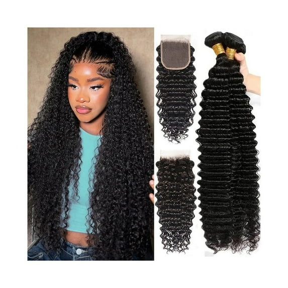 Deep Wave Bundles with 4x4 Closure Brazilian Virgin Human Hair 3 ...