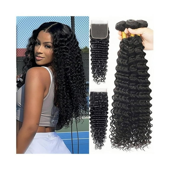 Deep Wave Bundles with Closure Wave Curly Brazilian Virgin Hair 3 ...