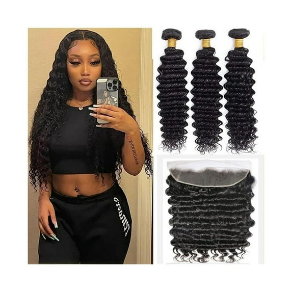 Deep Wave Bundles with Frontal for Black Women Double Weft Natural ...