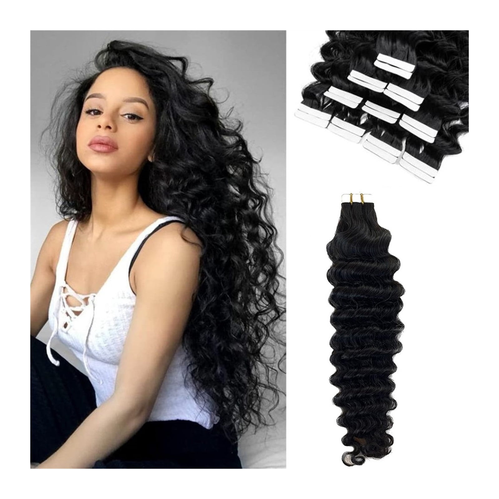Deep Wave Tape in Hair Extensions Human Hair Jerry Curly Natural Black ...
