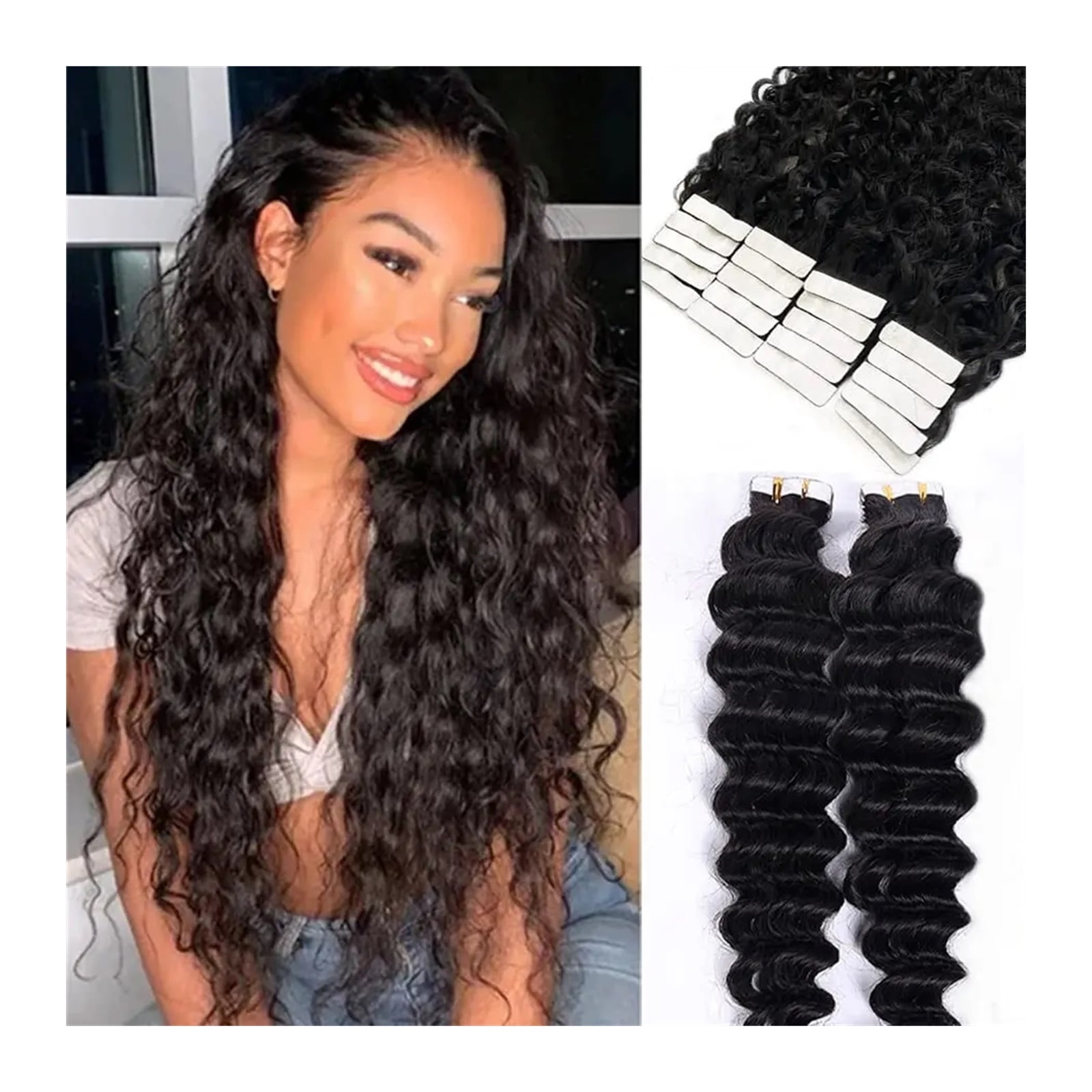 Deep Wave Tape in Human Hair Extensions for Black Women Curly Human ...