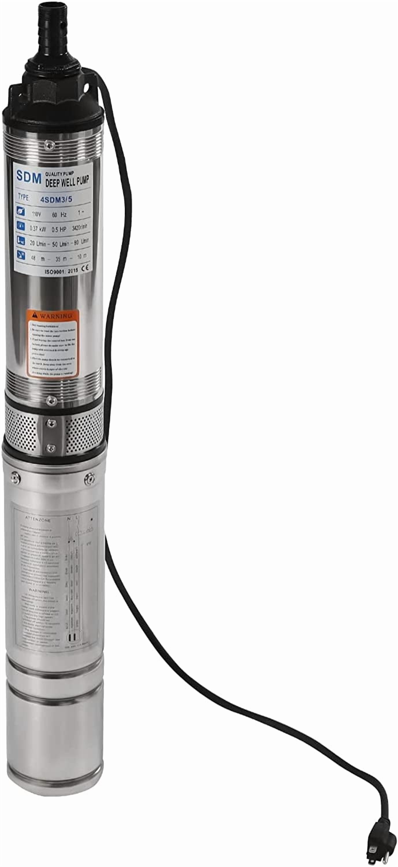 Deep Well Submersible Pump, 0.5HP 110V/60Hz, 16GPM 157 ft Head, with ...