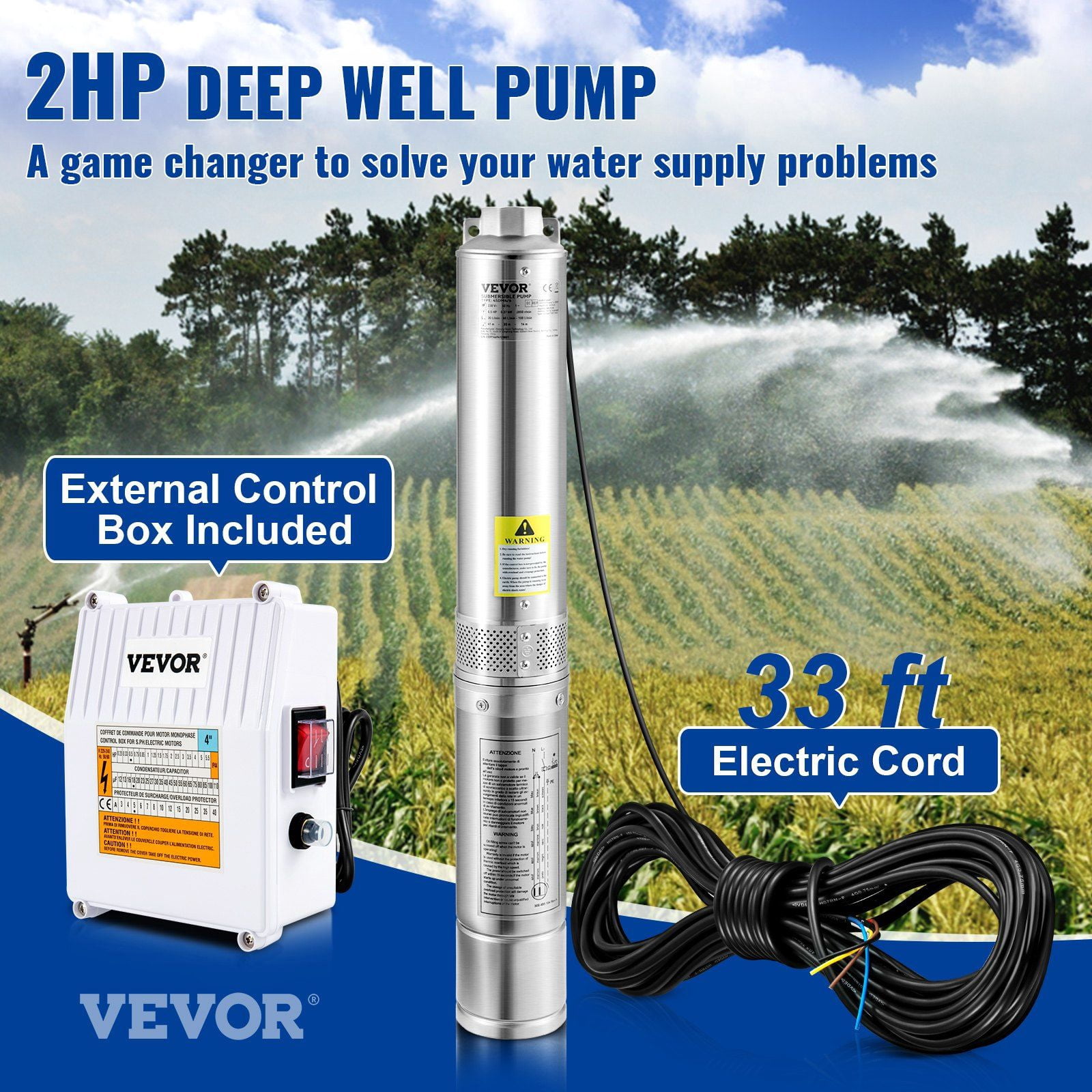 Deep Well Submersible Pump,2HP 230V/60Hz,37GPM 427 ft Head,with 33 ft ...