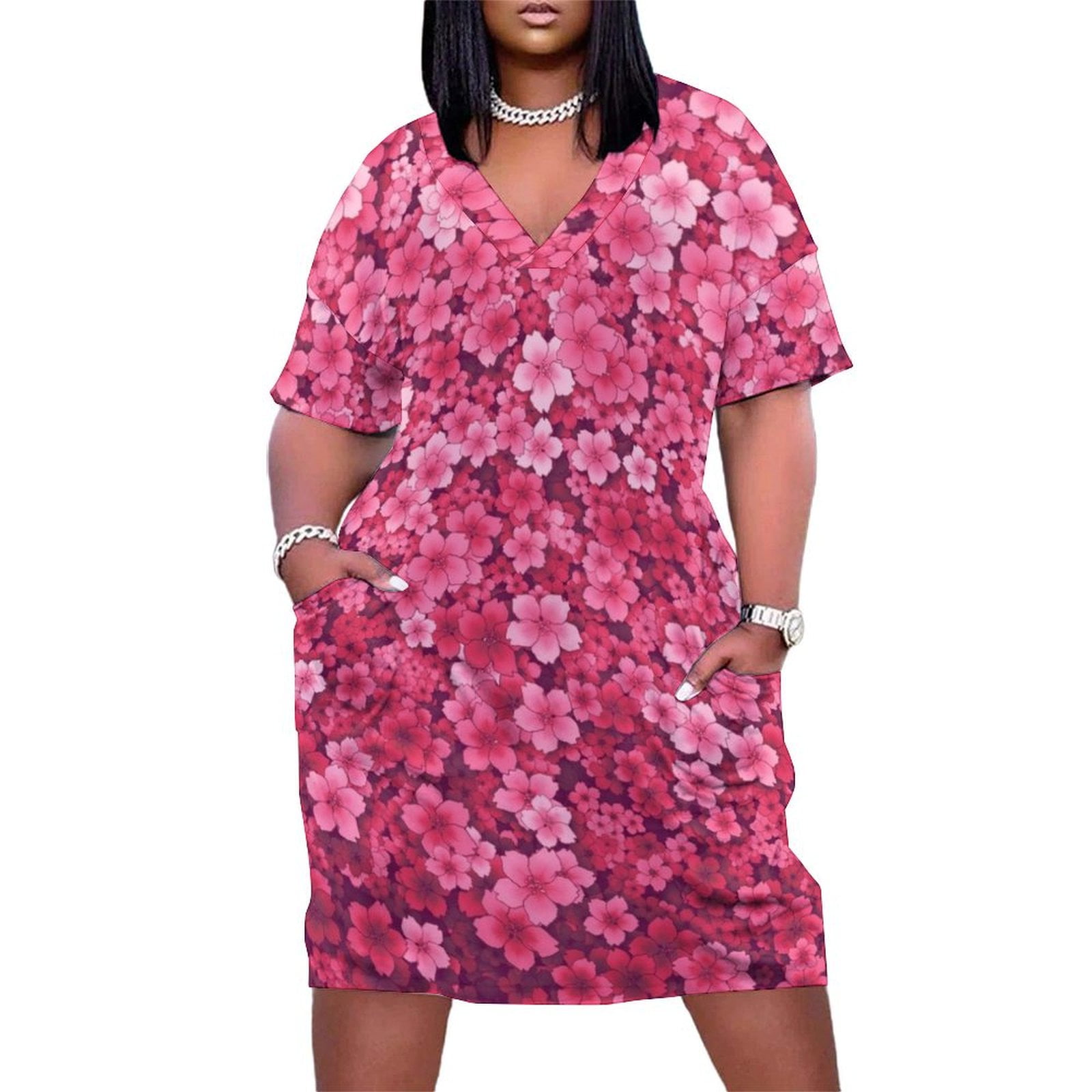 Deep pink sakura pattern Loose Pocket Dress summer dress daily elegant party dress for women ...