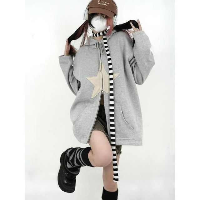 Deeptown Vintage Y2k Star Hoodies Women Harajuku Kawaii Oversized Zip