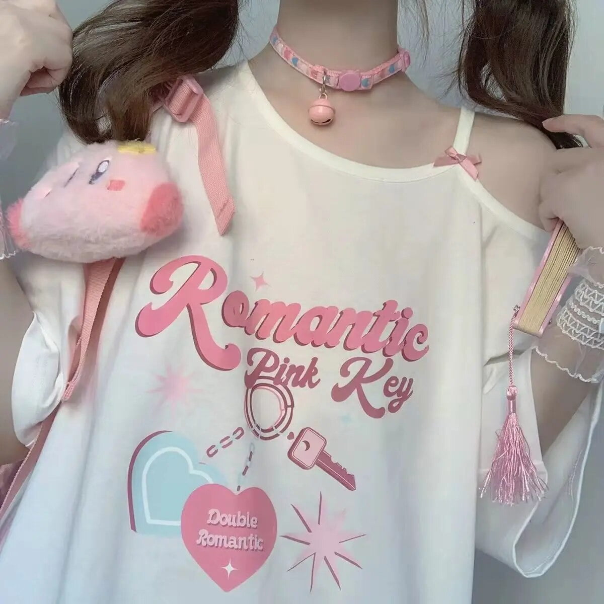 Deeptown Women Kawaii Off Shoulder T Shirt Harajuku Sweet Girl White