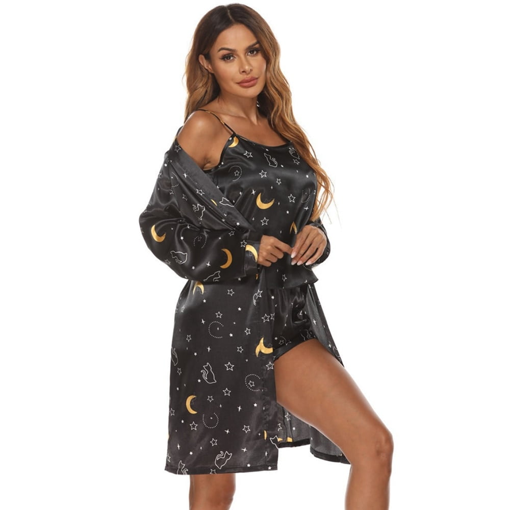 Deepwonder 3pcs/set Womens Pajamas Sets Floral Print Lingerie Satin ...