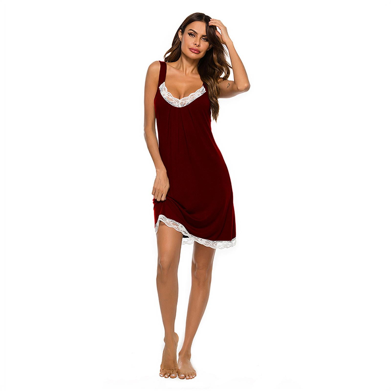 Deepwonder Women's Chemise Sleepwear Solid Color V Neck Slips Lace ...
