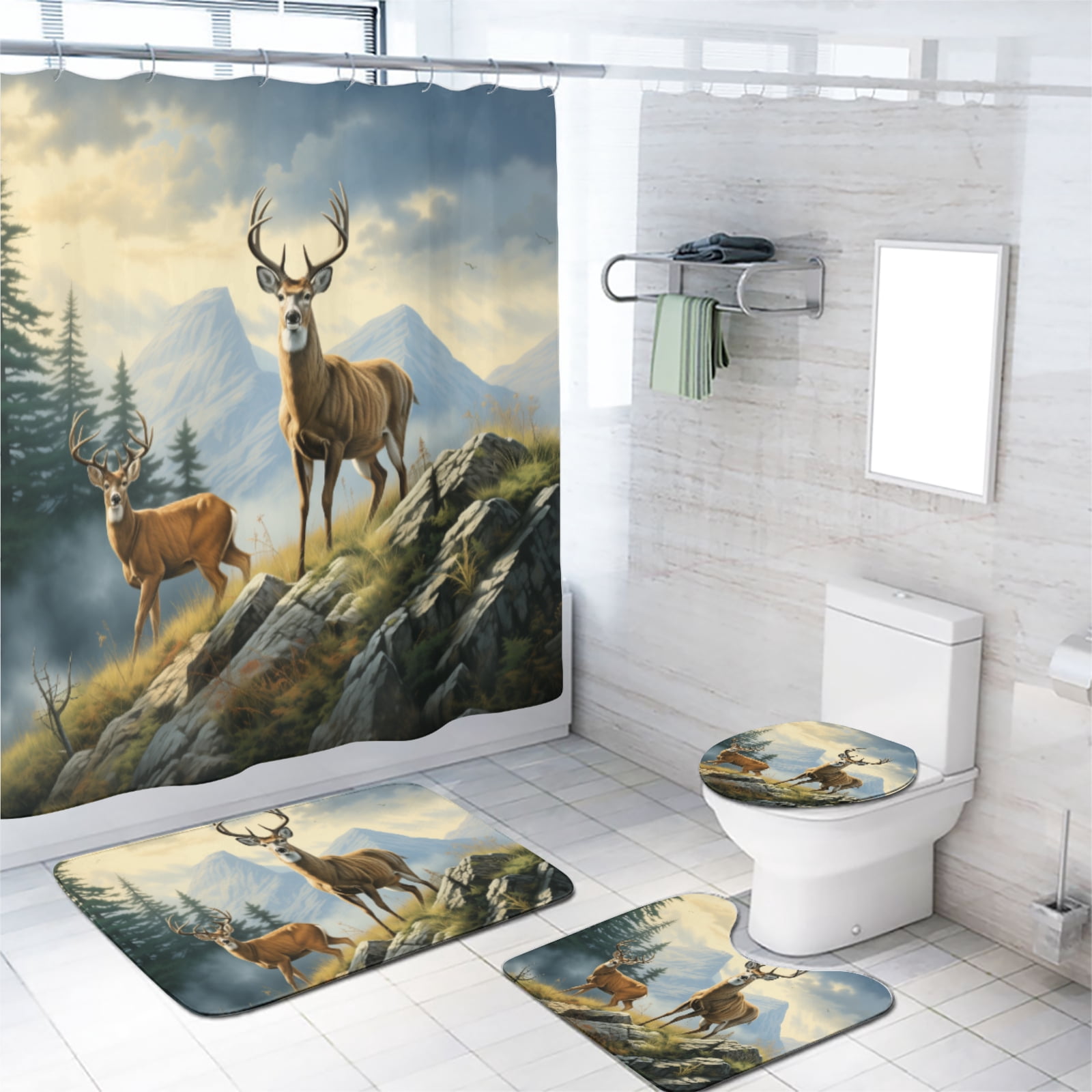 Deer 4 Pcs Bathroom Shower Curtain Set Cabin Rustic Wild Animal Deer ...