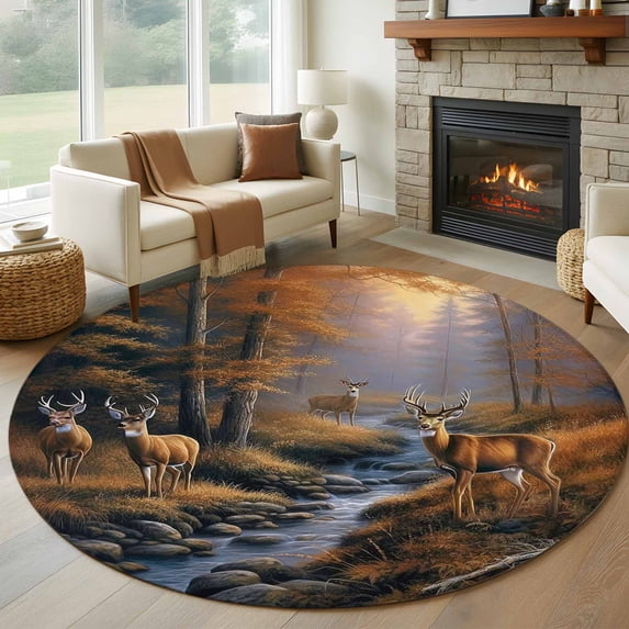 Deer in 5FT Round Area Rugs for Living Room Sunset Forest Ultra-Thin ...