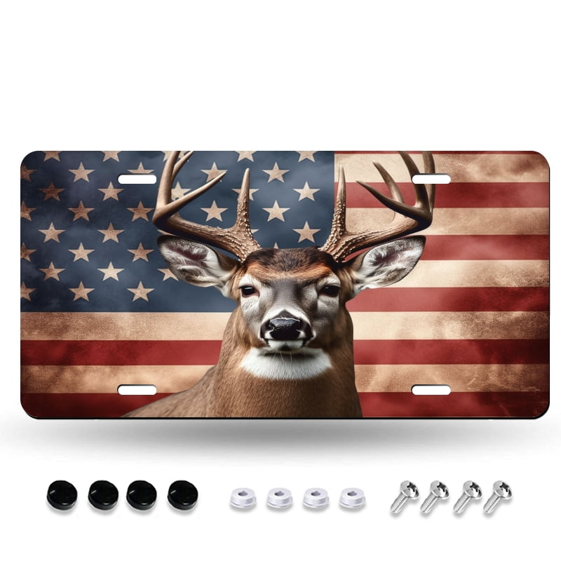 Deer Against The American Flag Background License Plate Frame ...
