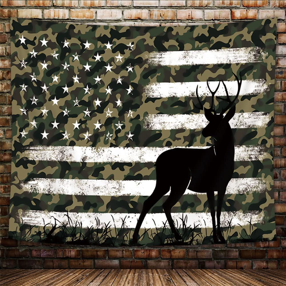 Deer American Flag Tapestry, Black and White Antlers Camo USA Tapestry ...