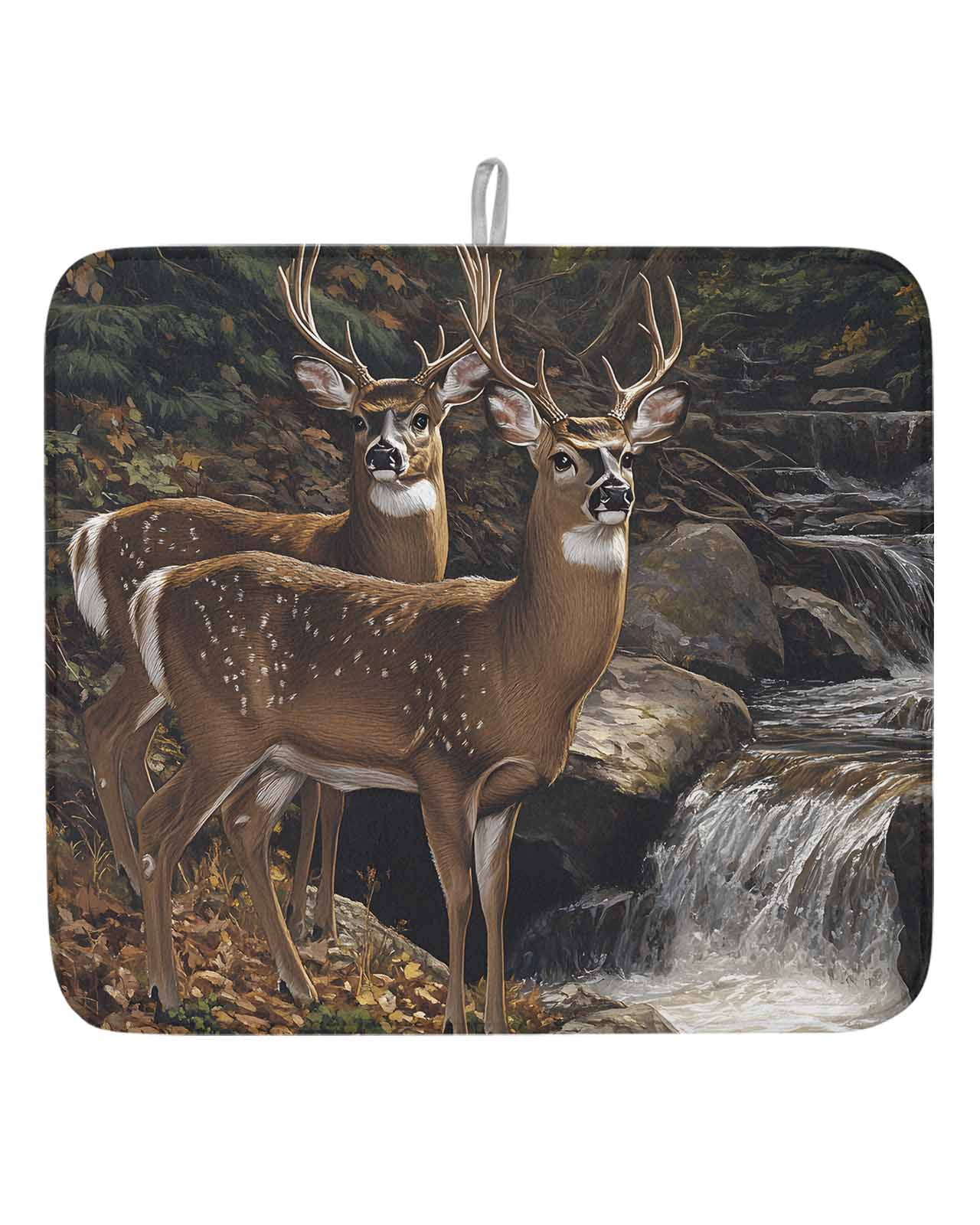Deer Animal Dish Drying Mat 16x18 inch Forest Rock River Nature Scenery ...