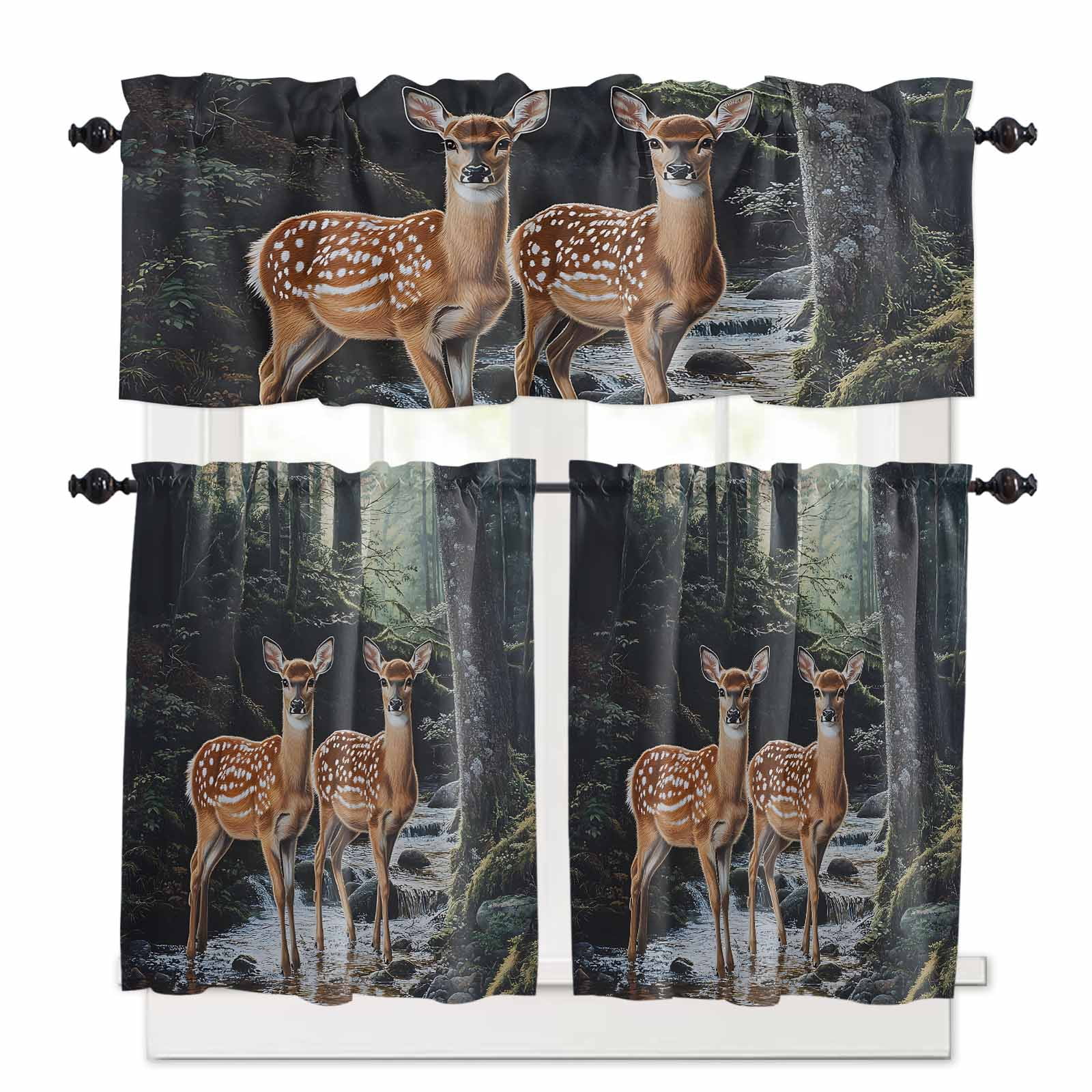 Deer Animal Kitchen Curtains and Valances Set, Forest River Nature ...