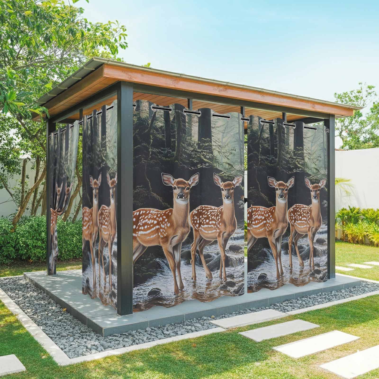 Deer Animal Outdoor Curtains for Patio Waterproof, Forest River Nature ...
