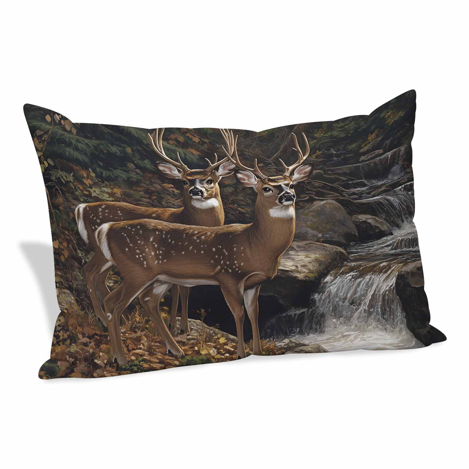 Deer Animal Pillow Covers 16x24 Inch, Forest Rock River Nature Scenery ...