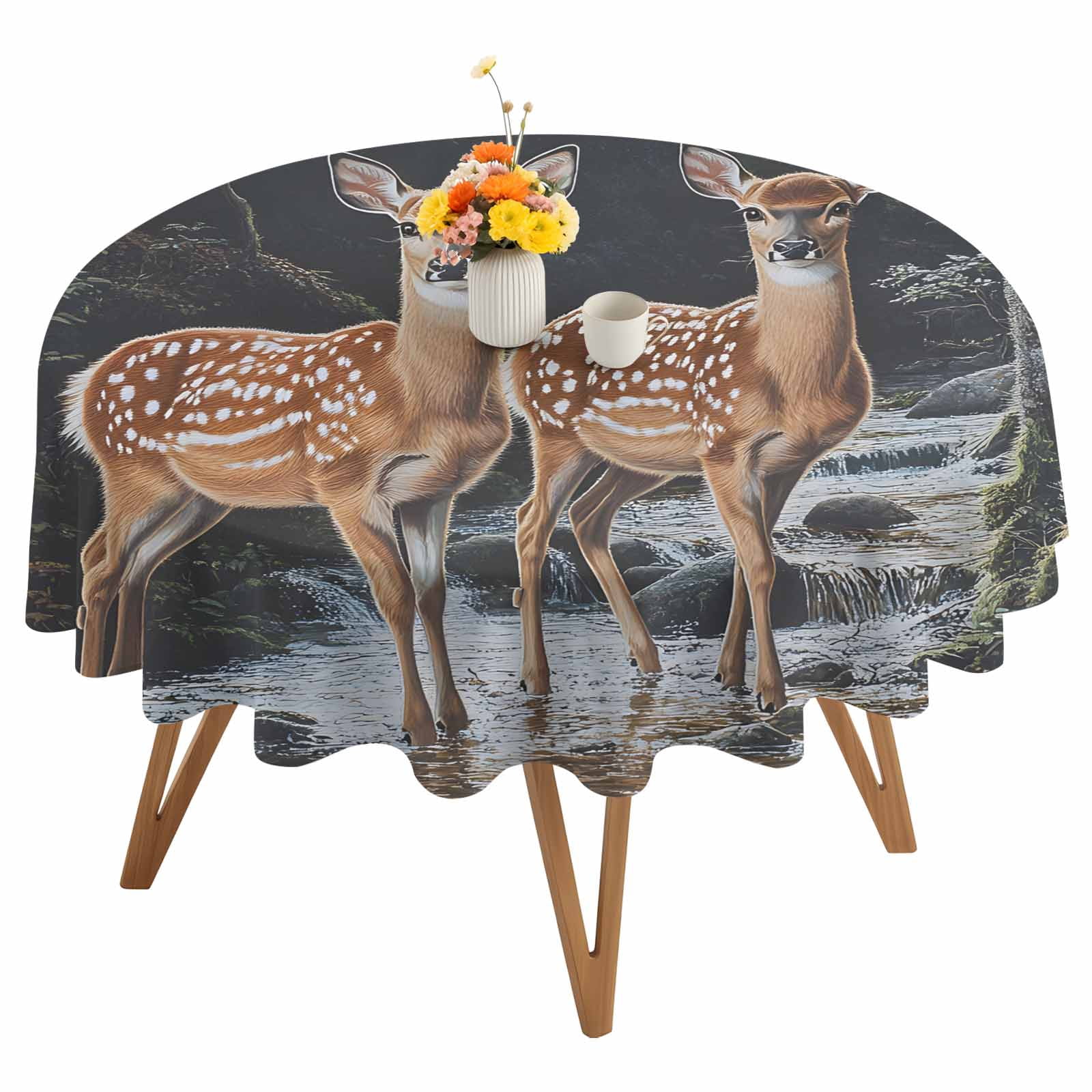 Deer Animal Round Tablecloth 54 inches Forest River Nature Scenery ...