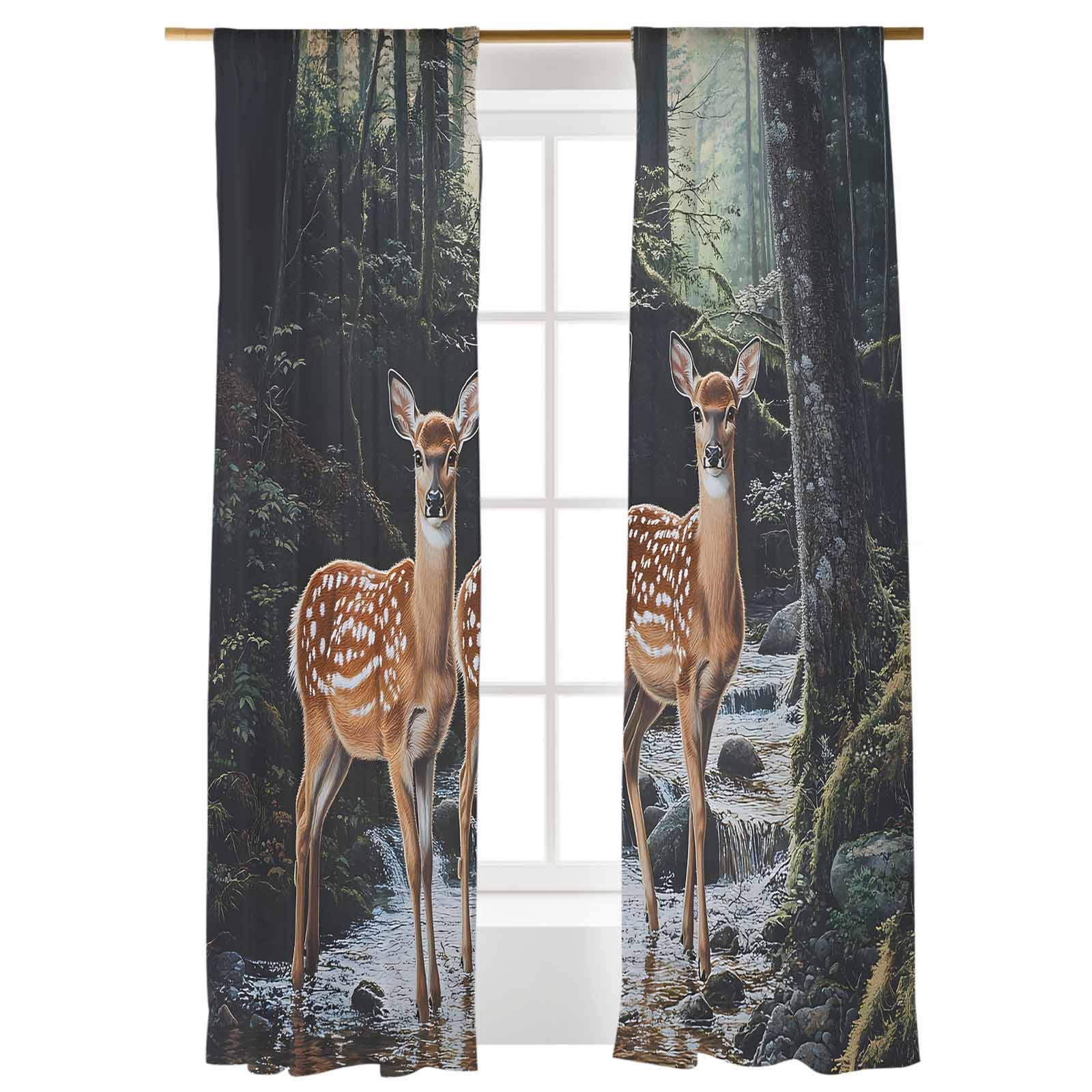 Deer Animal Sheer Curtains 108 inches Long 2 Panels Set Forest River ...