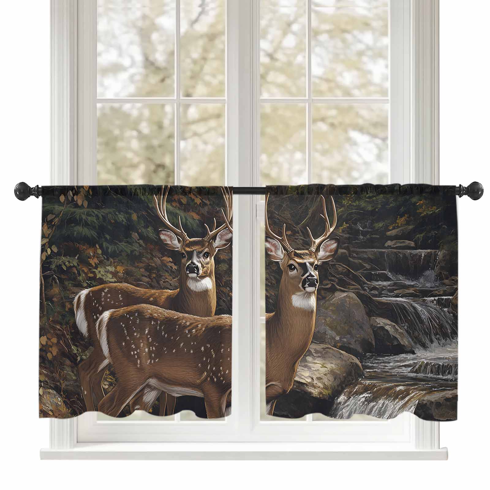 Deer Animal Sheer Curtains 45 inches Long 2 Panels Set Forest Rock ...