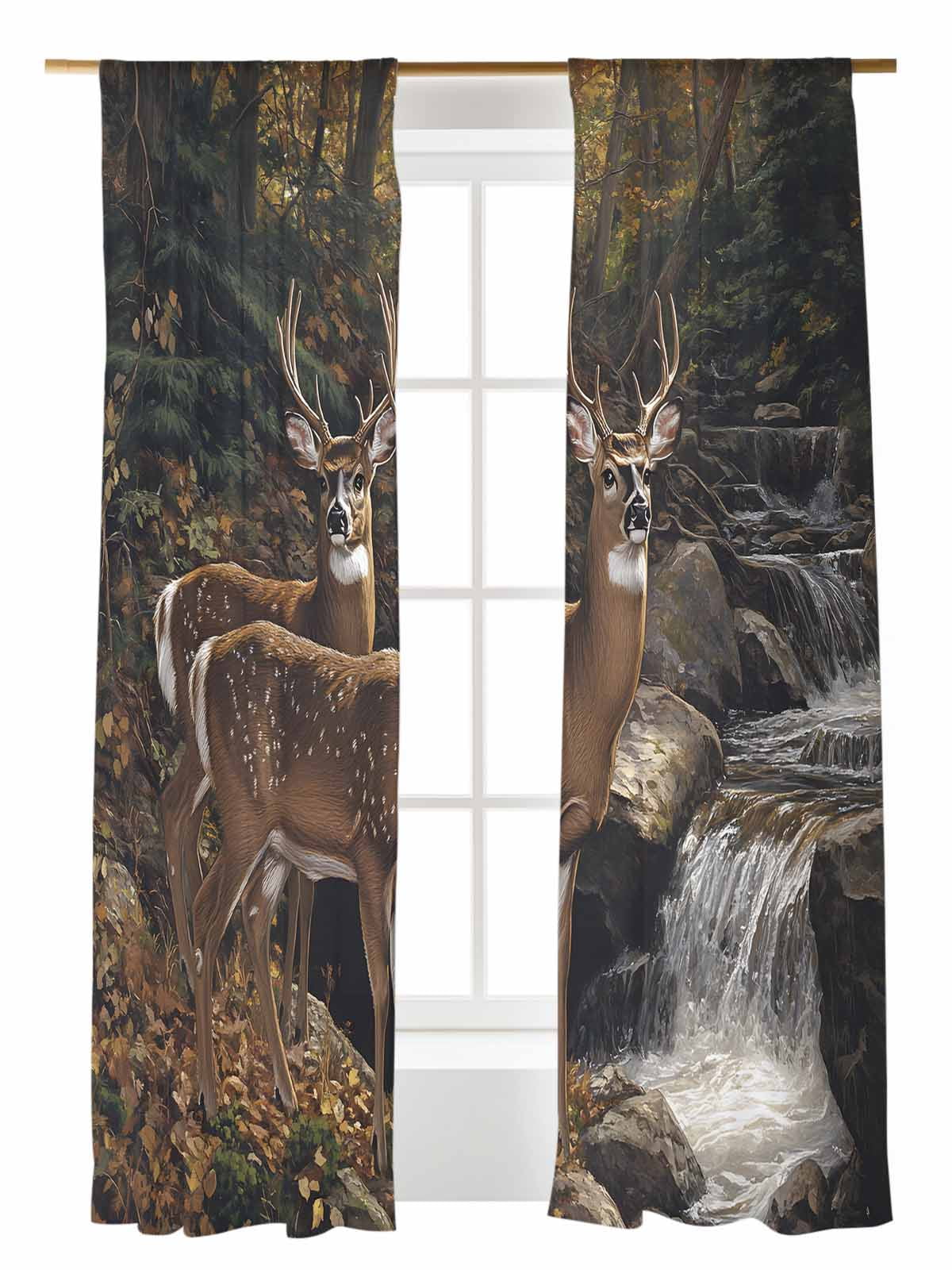 Deer Animal Sheer Curtains 84 inches Long 2 Panels Set Forest Rock ...
