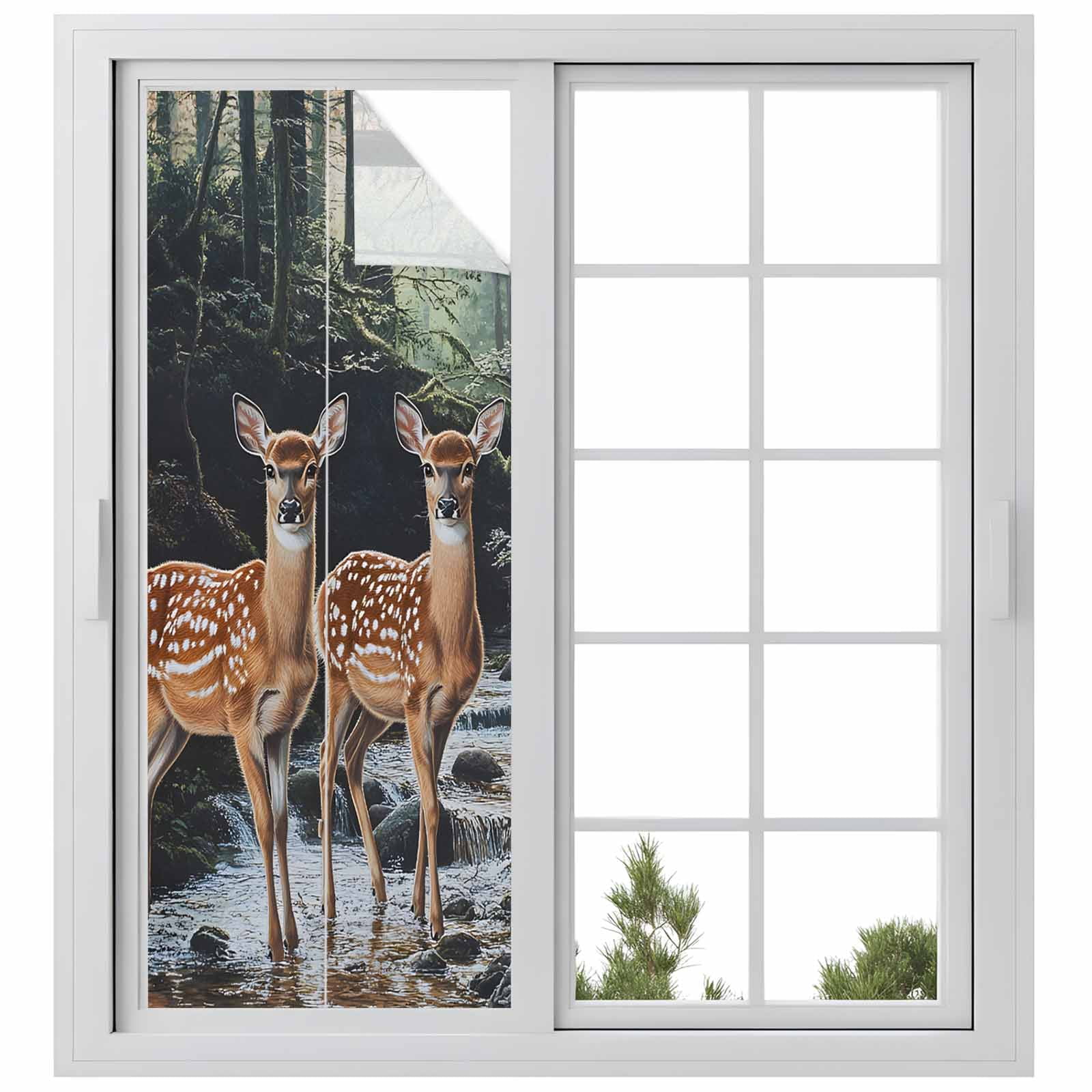 Deer Animal Window Privacy Film Forest River Nature Scenery Decorative ...