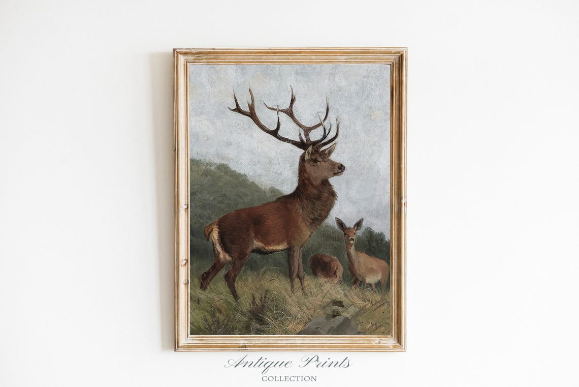 Deer, Antique Mountain Wall Art, Vintage Deer Print, Forest Landscape Print 331 UNFRAMED Poster ...