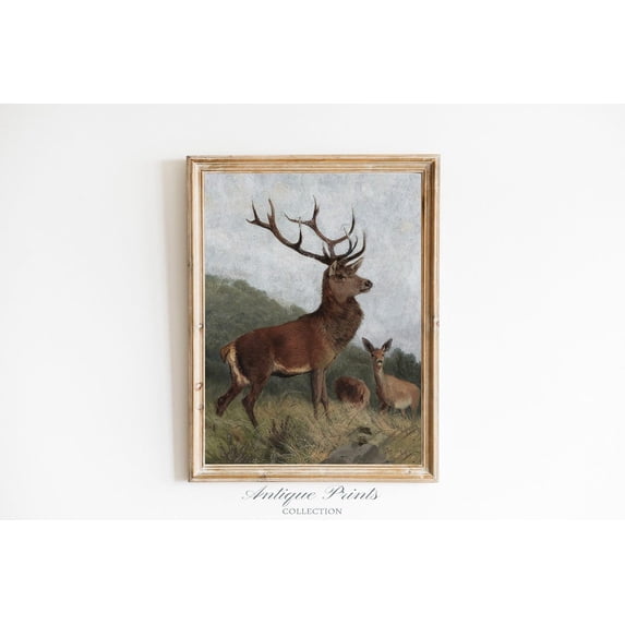 Deer, Antique Mountain Wall Art, Vintage Deer Print, Forest Landscape ...