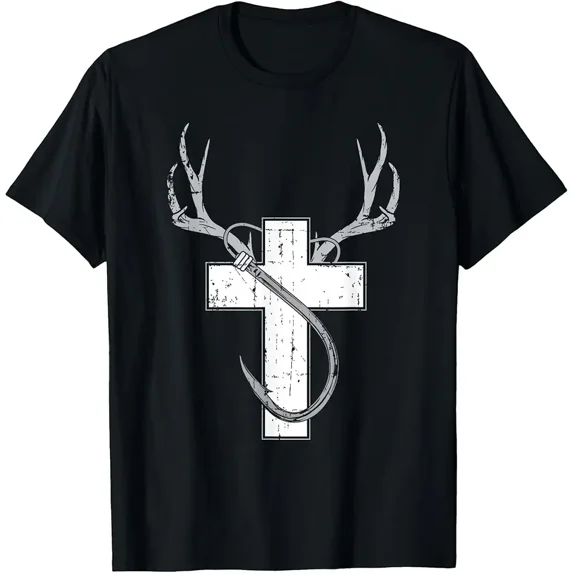 Deer Antler Fishing Hook Cross Graphic for Hunter Fisherman Men Cotton ...