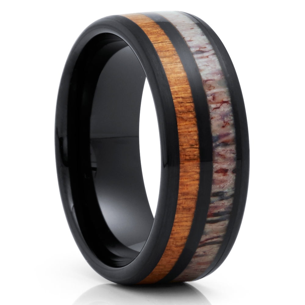 Deer Antler Wedding Ring,Black Tungsten Wedding Ring,Cherry Wood Ring ...