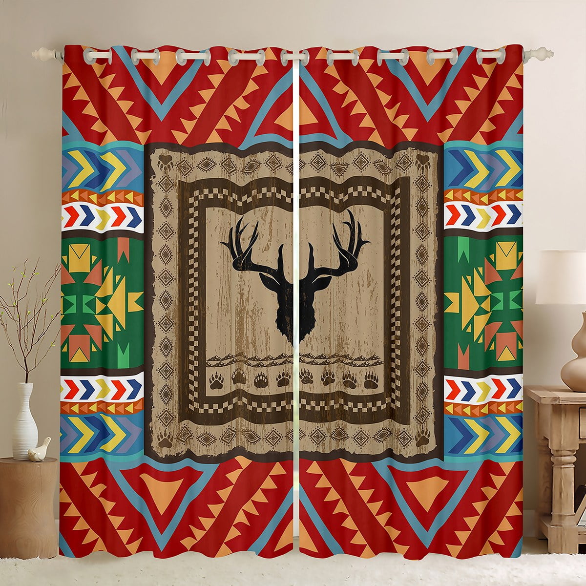 Deer Antlers Blackout Curtains Aztec Farmhouse Style Curtains Country ...