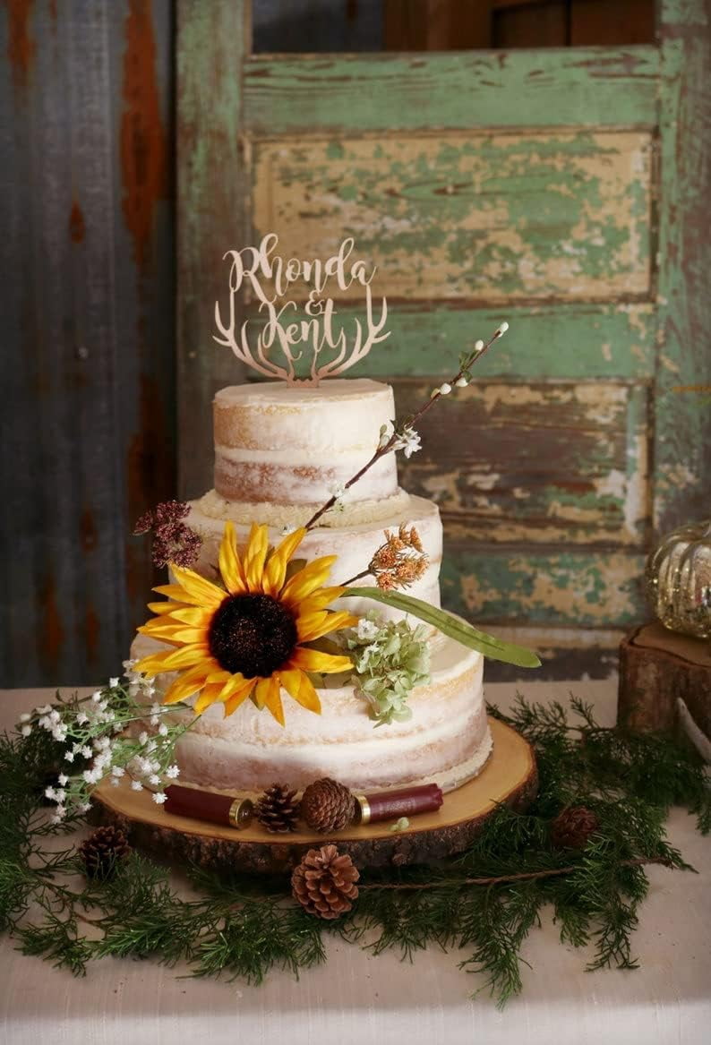 Deer Antlers Cake Topper for Weddings, Rustic Wooden Cake Topper, Names ...