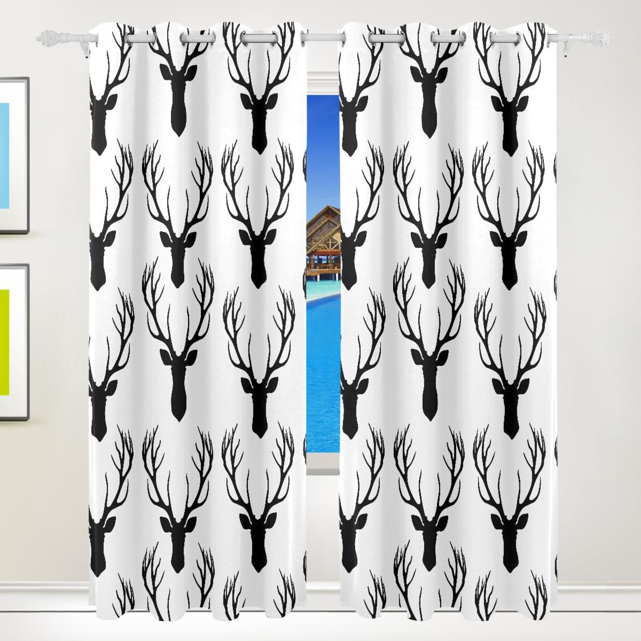Deer Antlers Silhouette Blackout Curtains 84 inch Length 2 Panels ...