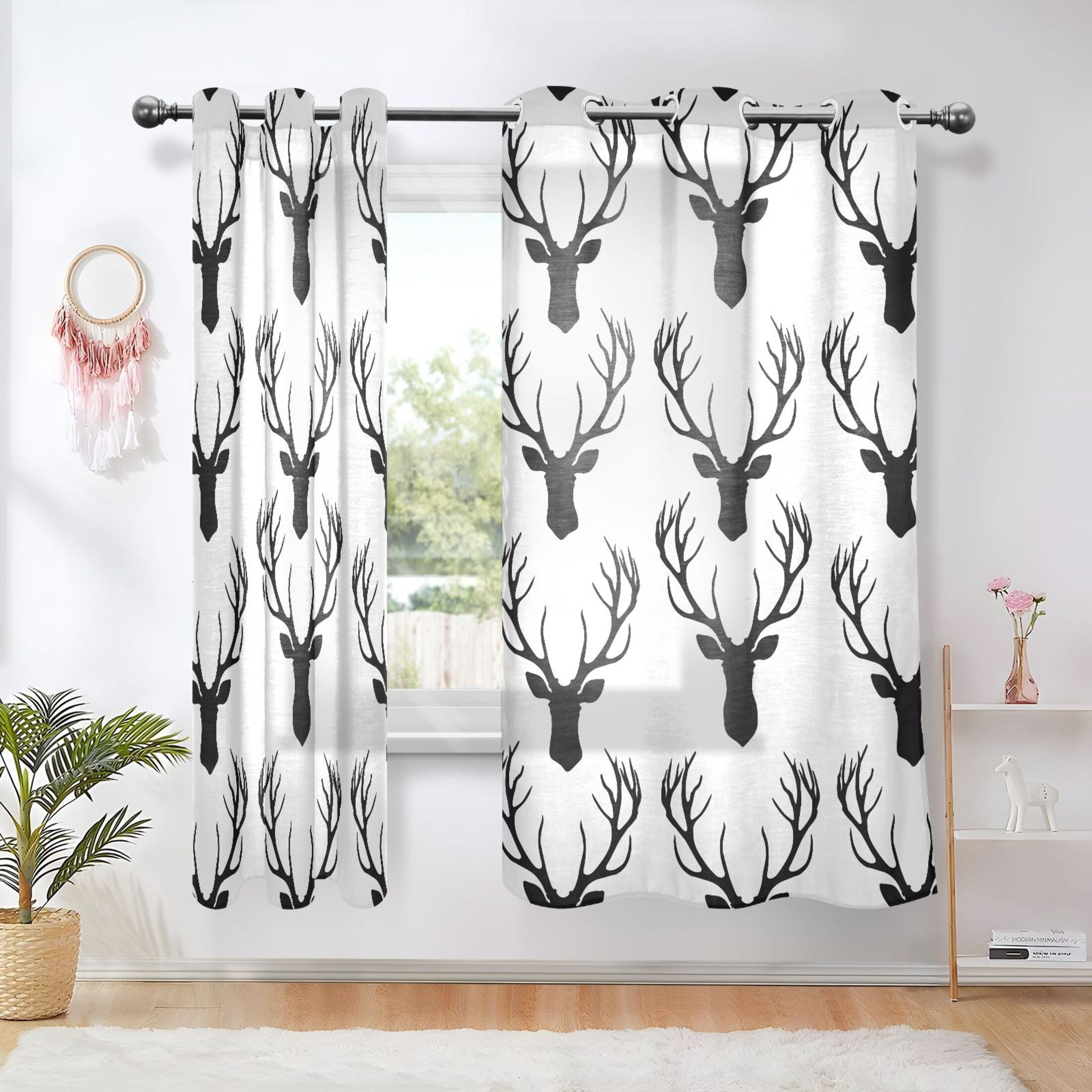 Deer Antlers Silhouette Sheer Curtains 2 Panels Set Grommet Drapes for ...