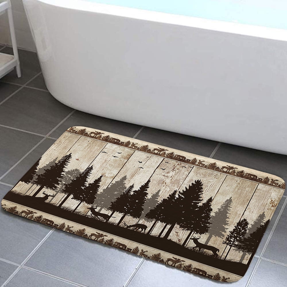 Deer Bath Mat for Bathroom, Cabin Wildlife Moose Elk Bear Pine Tree ...