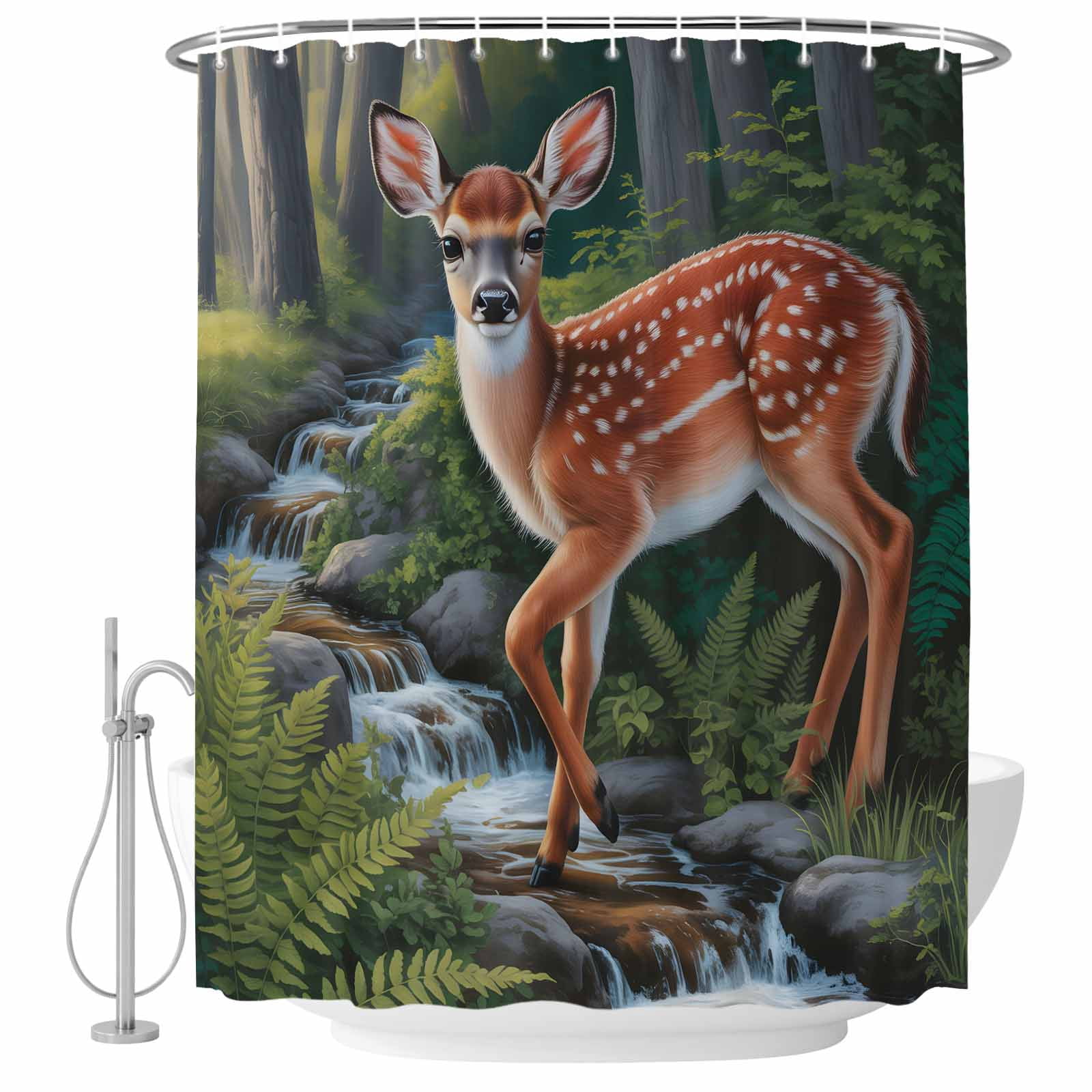 Deer Bathroom Shower Curtains with Hooks, Forest Leaves River Vintage ...