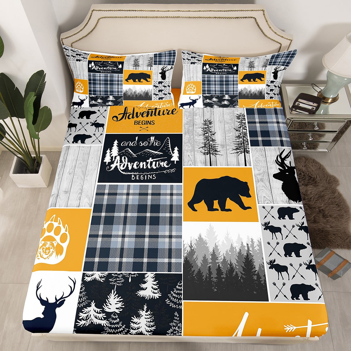 Deer Bear Queen Bedding Set,Blue And Grey Buffalo Plaid Bed Sheets ...