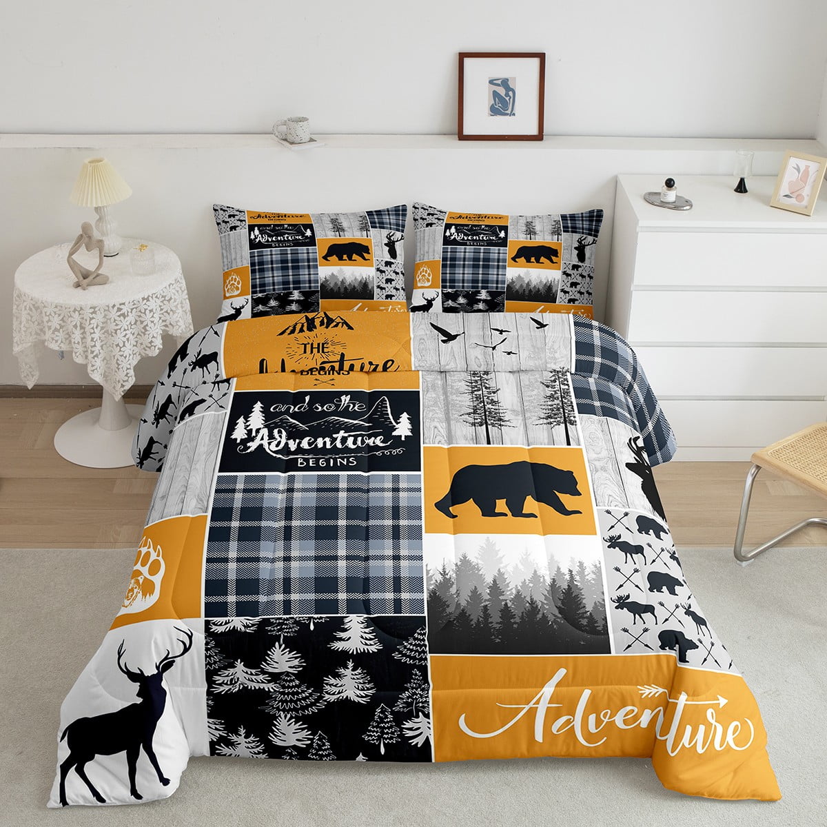 Deer Bear Queen Bedding Sets, Blue And Grey Buffalo Plaid Comforter Set ...