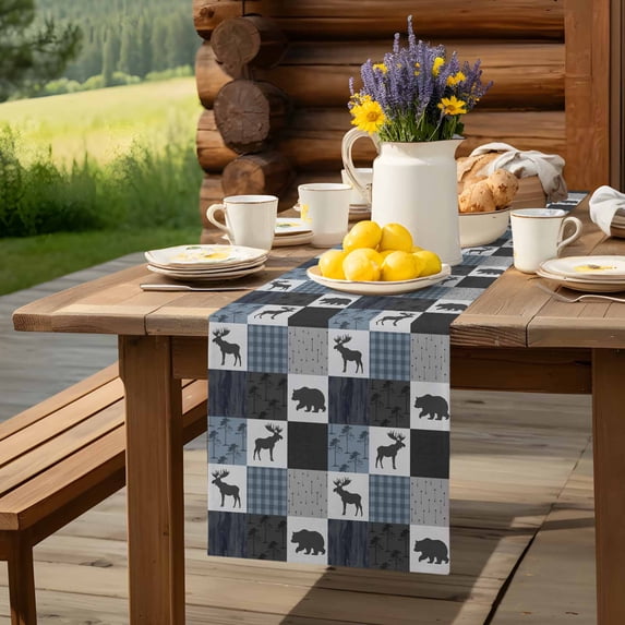 Deer Bear Retro Grey Plaid Table Runner 70 Inch Long Forest Animal ...