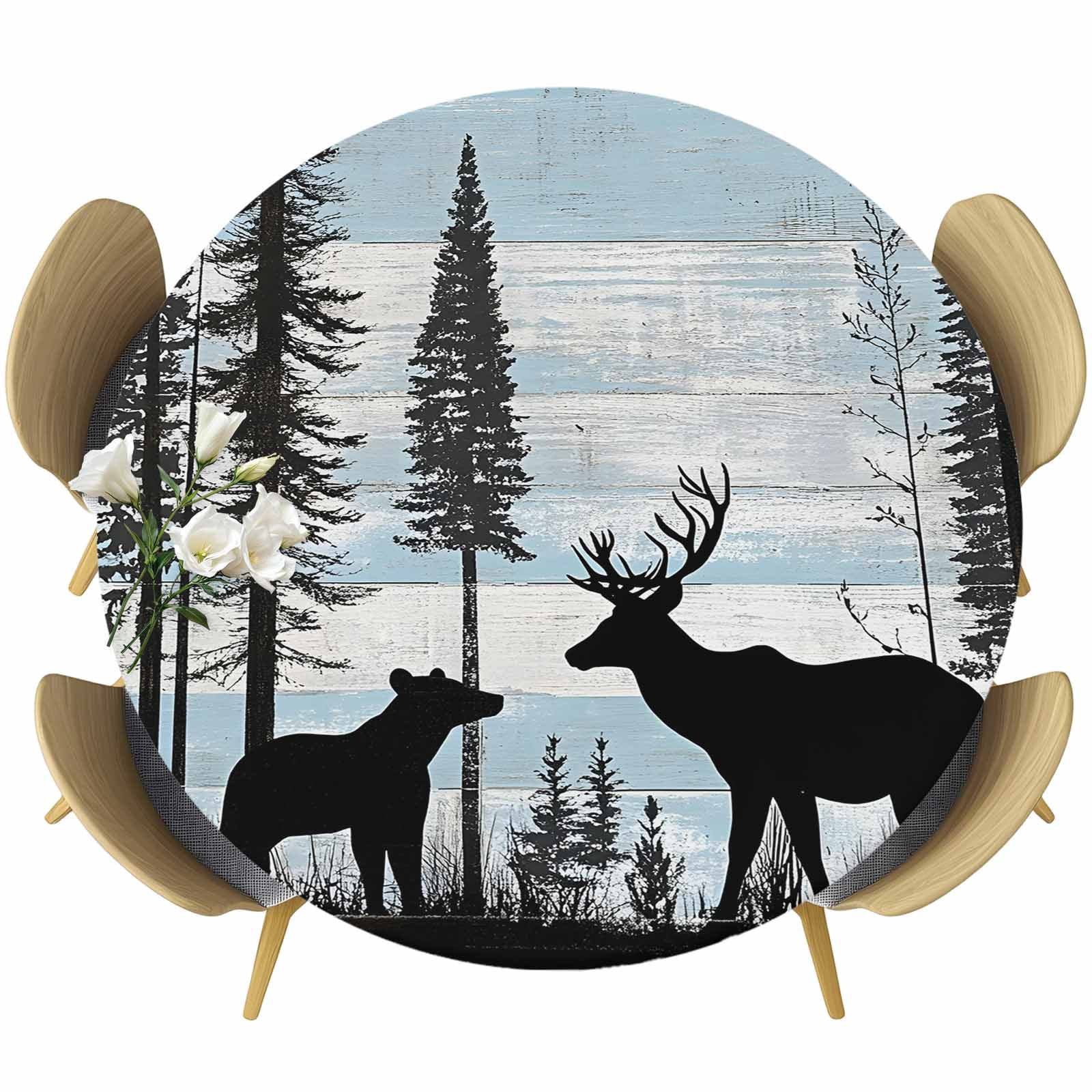 Deer Bear Round Tablecloth, Fitted Table Cover with Elastic for 36"-44 ...