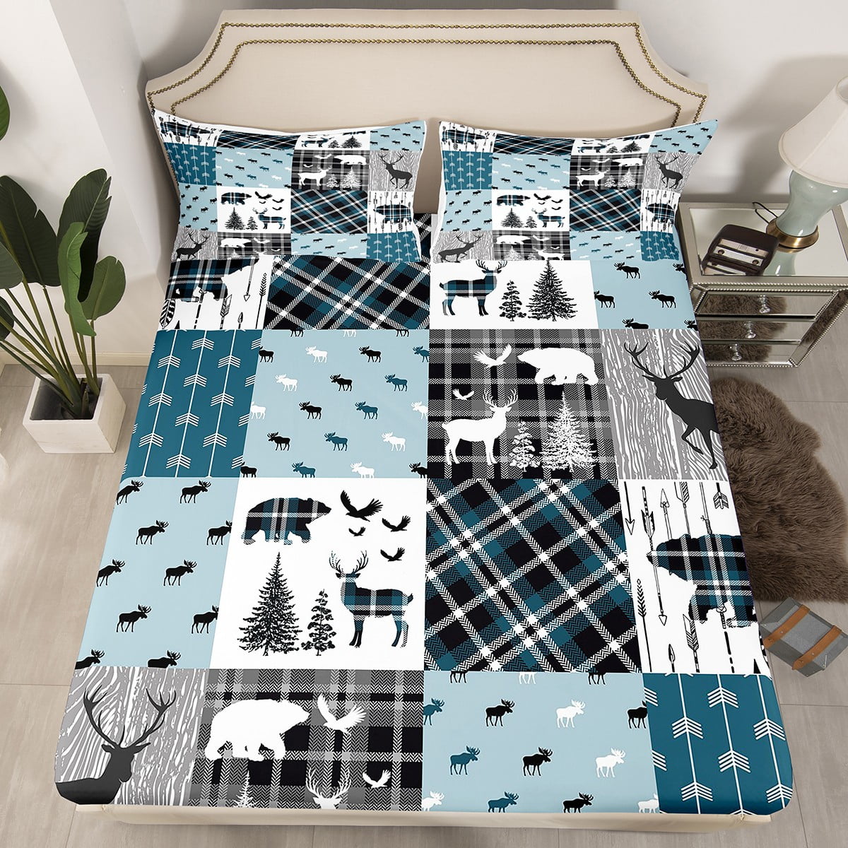 Deer Bed Sheets Rustic Blue Plaid Buffalo Patchwork Fitted Sheet Full ...