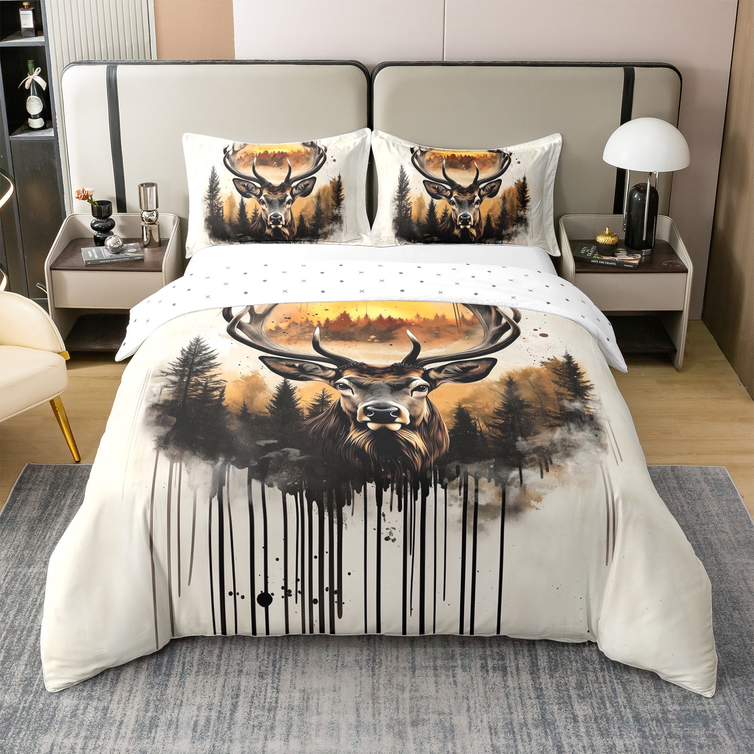 Deer Bedding Set Full,Pine Tree Jungle Mountain 100% Cotton Duvet Cover ...