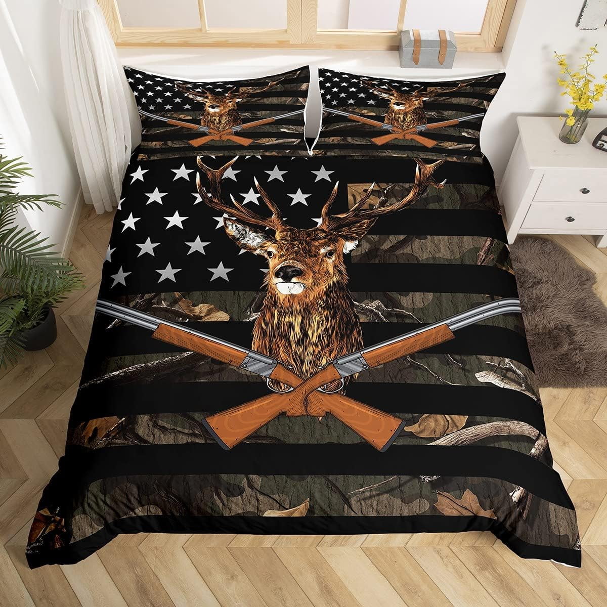 Deer Bedding Set Hunting Theme Bedding Camo American Flag Comforter Cover Wild Animal Elk Print ...