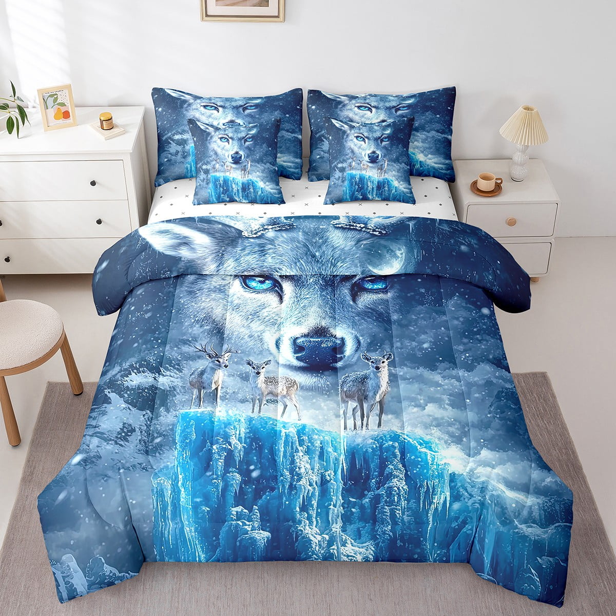 Deer Bedding Set Queen Jungle Wild Animals Comforter Set Exotic Blue ...