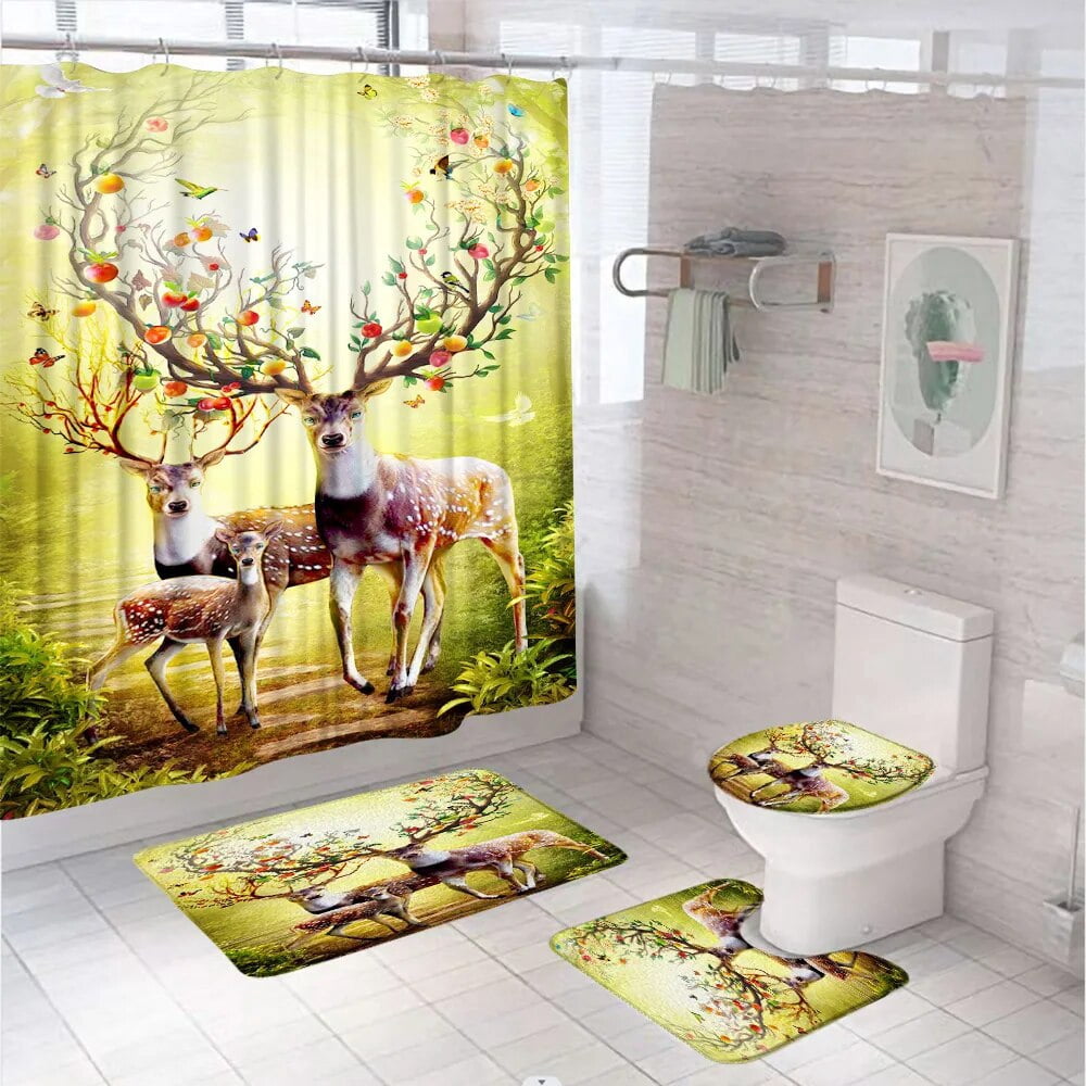 Deer Bird Flowers Shower Curtain Set Bathroom Decor Animal Green Bamboo ...