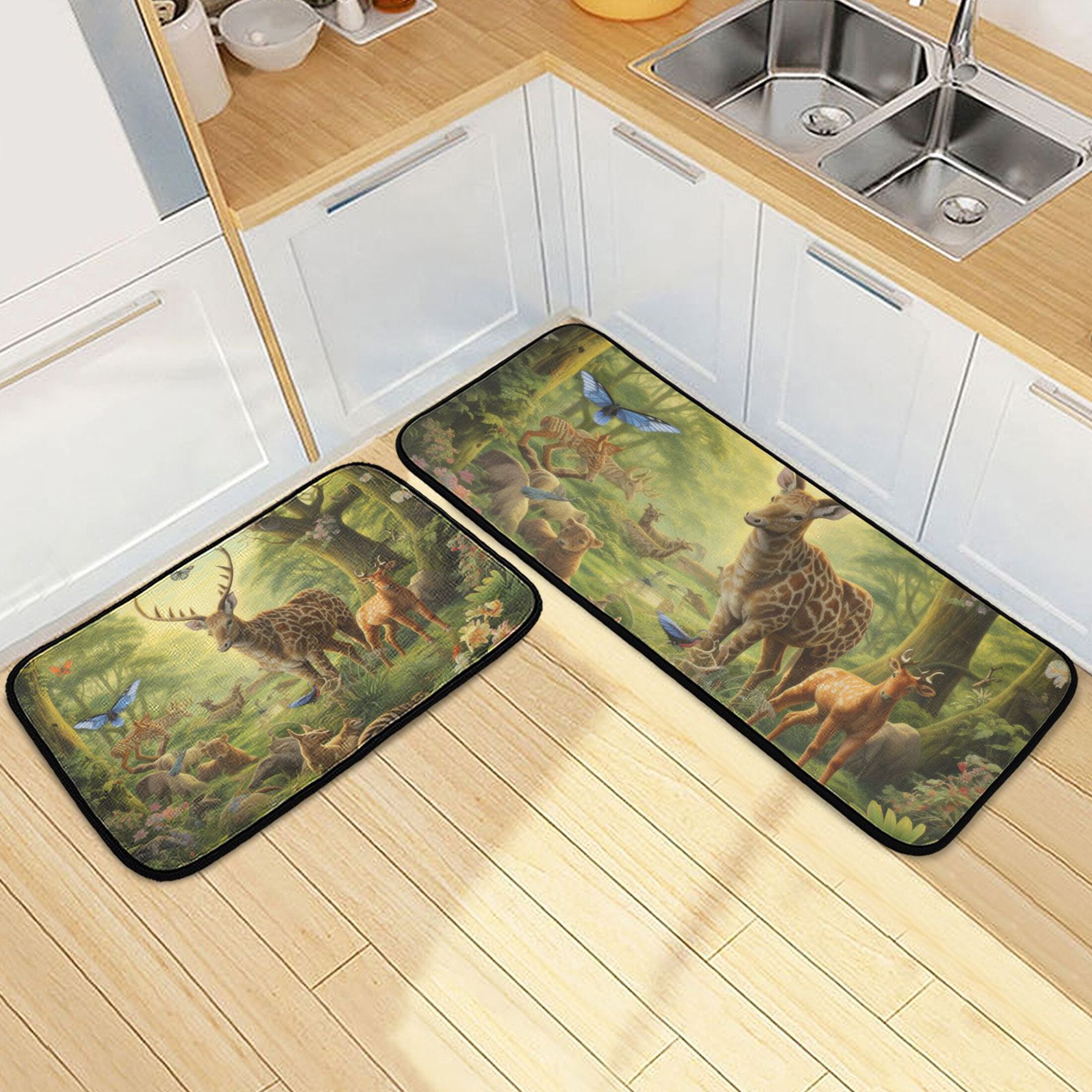 Deer Birds Butterflies in Forest Kitchen Rugs Set of 2 Non Slip Floor ...