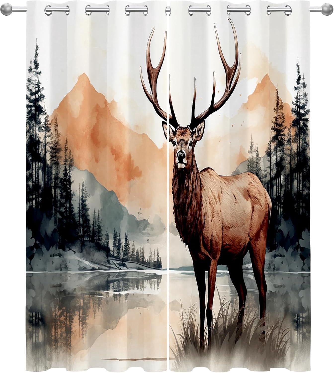 Deer Blackout Curtains, Elk Rustic Wildlife Cabin Watercolor Patterned ...