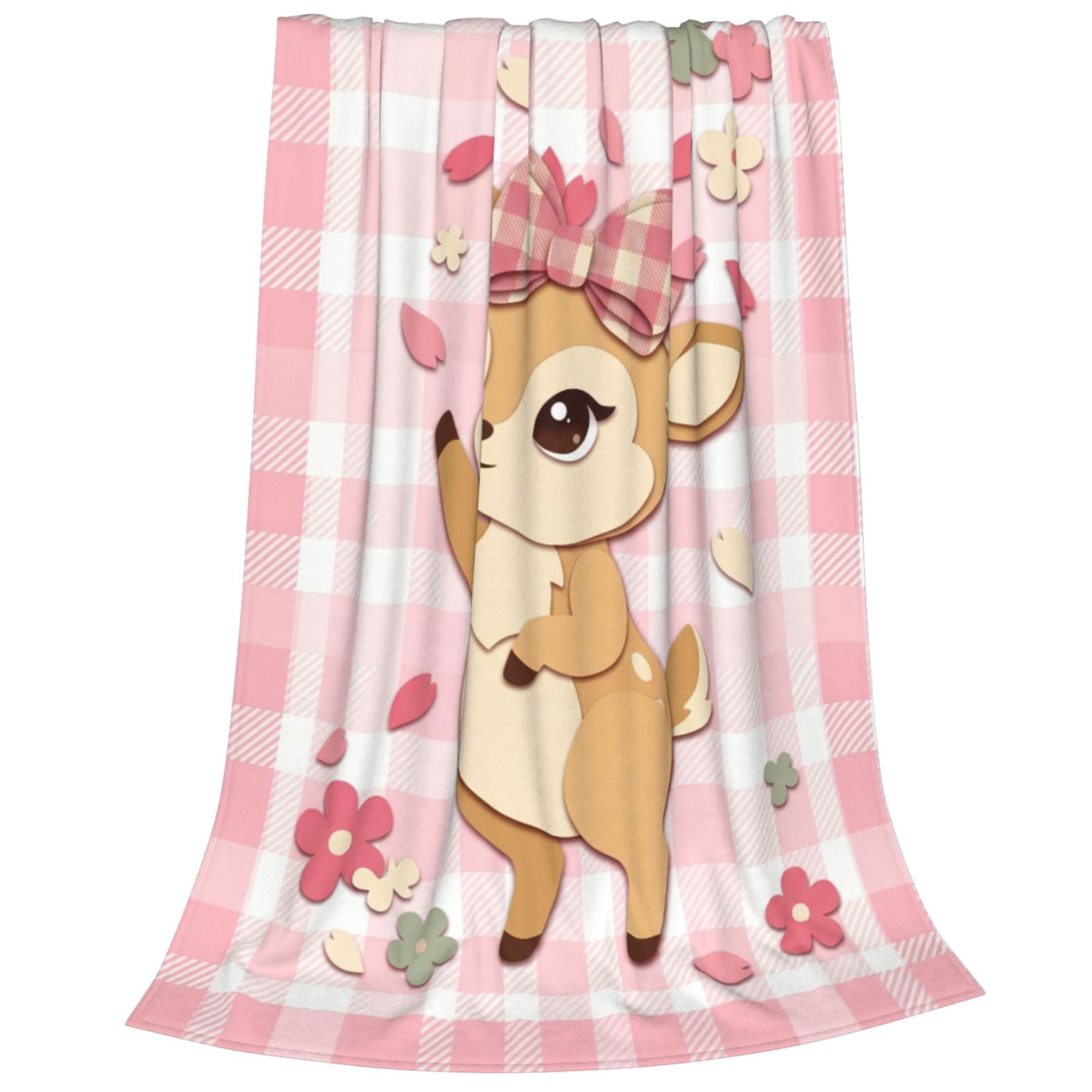 Deer Blanket, Pink Kawaii Fawn Gingham Bow Art, Flannel Fleece Throw ...