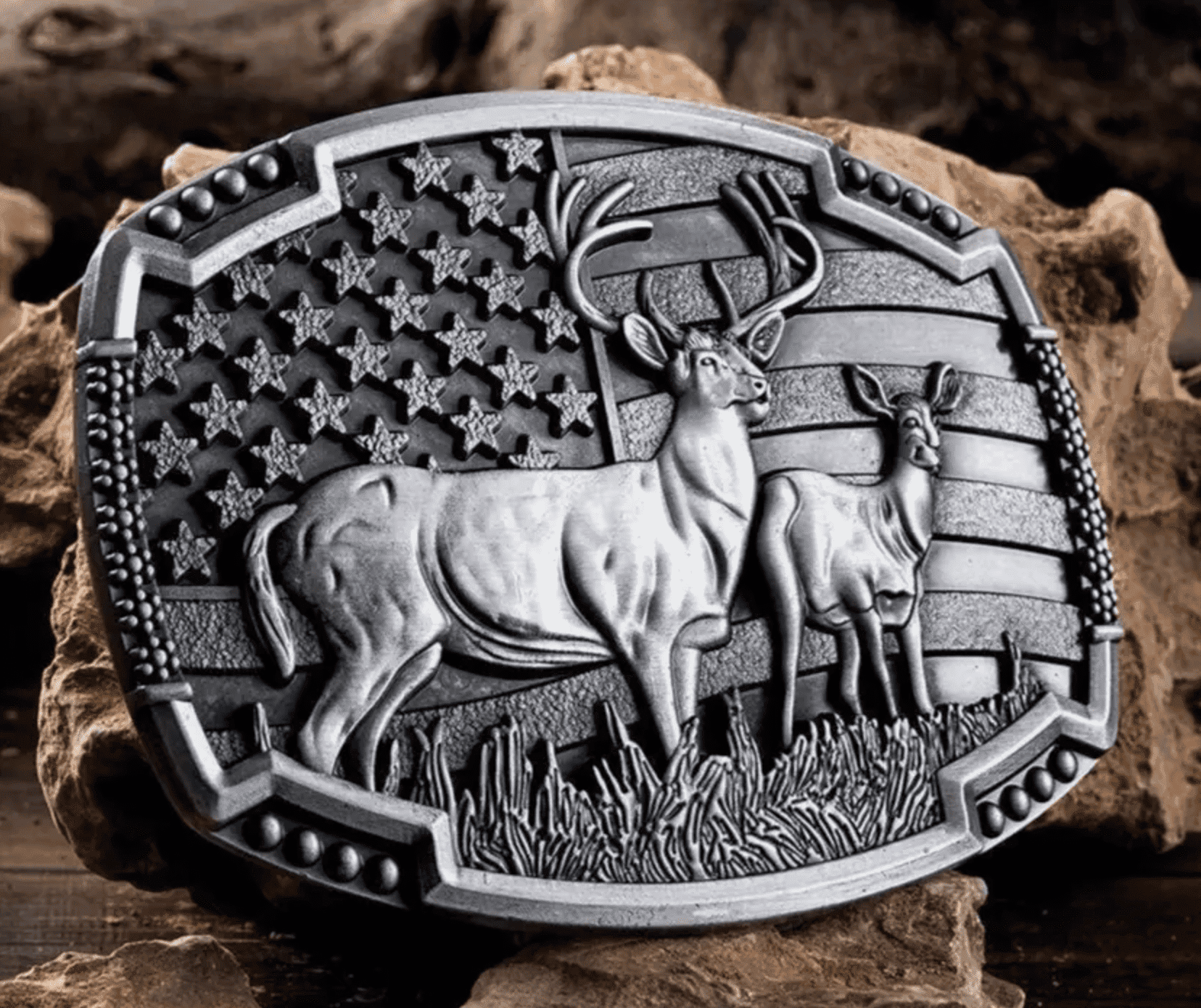 Deer Buck Belt Buckle Hunting Scene USA FLAG Background Woods Mule Deer ...