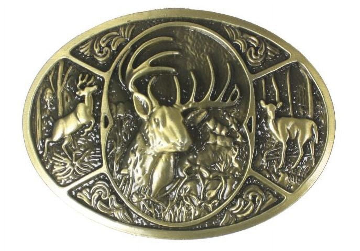 Deer Buck Belt Buckle Hunting Scene Woods Buckle Hunter Bronze Gold 024 ...