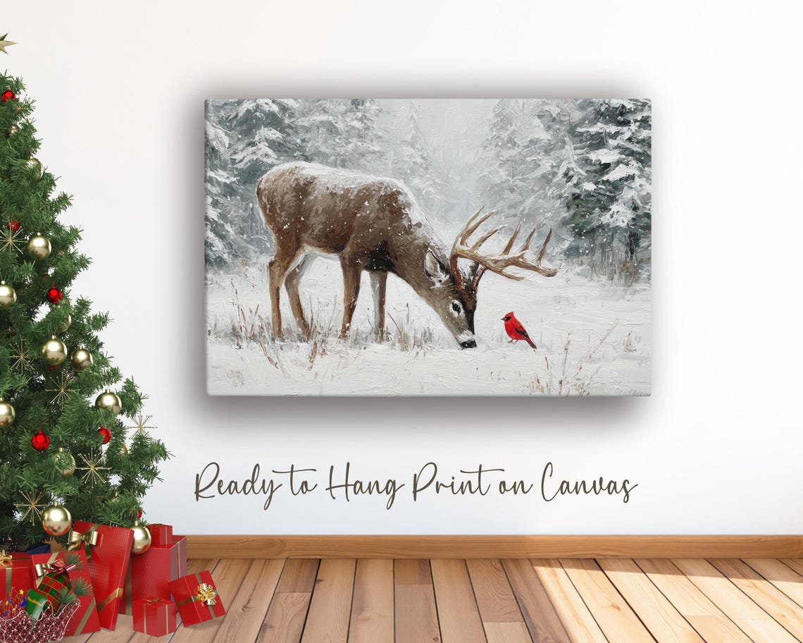 Deer and Cardinal in Snow on Print Poster, Ready to Hang Winter Decor ...